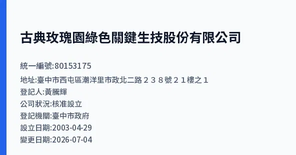古典玫瑰園綠色關鍵生技股份有限公司的照片-統編 80153175(臺中市) 公司登記資料與營業項目詳細圖表
