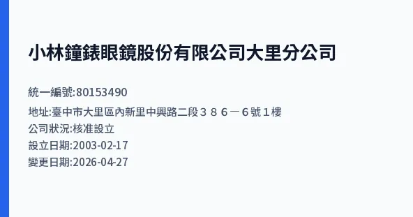 小林鐘錶眼鏡股份有限公司大里分公司的照片-統編 80153490(臺中市) 公司登記資料與營業項目詳細圖表