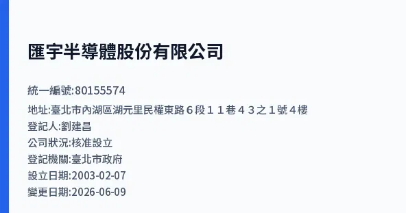匯宇半導體股份有限公司的照片-統編 80155574(臺北市) 公司登記資料與營業項目詳細圖表