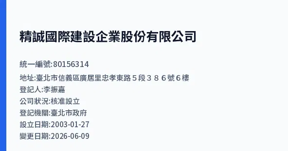 精誠國際建設企業股份有限公司的照片-統編 80156314(臺北市) 公司登記資料與營業項目詳細圖表