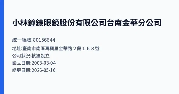 小林鐘錶眼鏡股份有限公司台南金華分公司的照片-統編 80156644(臺南市) 公司登記資料與營業項目詳細圖表