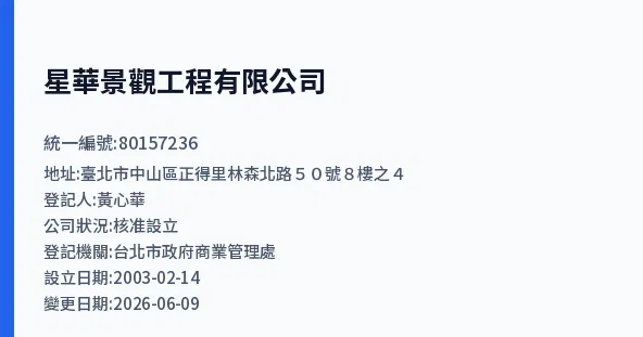 星華景觀工程有限公司的照片-統編 80157236(臺北市) 公司登記資料與營業項目詳細圖表
