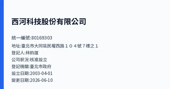 西河科技股份有限公司的照片-統編 80169303(臺北市) 公司登記資料與營業項目詳細圖表