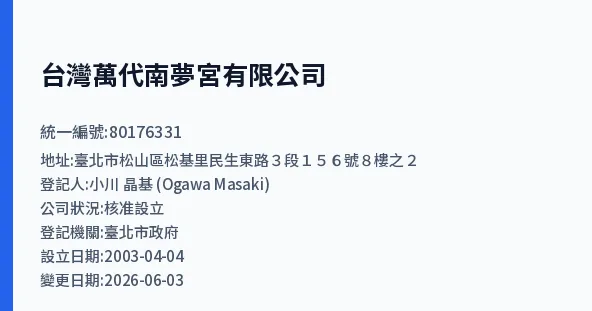 台灣萬代南夢宮有限公司的照片-統編 80176331(臺北市) 公司登記資料與營業項目詳細圖表