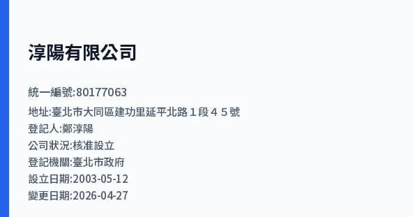 淳陽有限公司的照片-統編 80177063(臺北市) 公司登記資料與營業項目詳細圖表