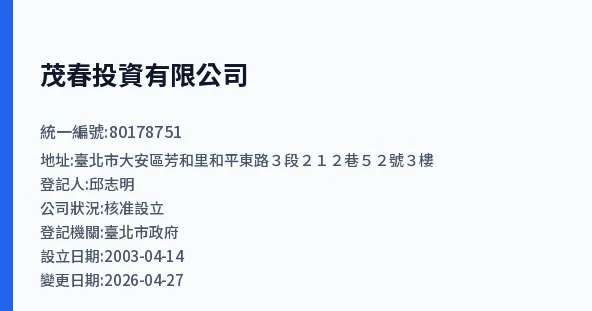 茂春投資有限公司的照片-統編 80178751(臺北市) 公司登記資料與營業項目詳細圖表
