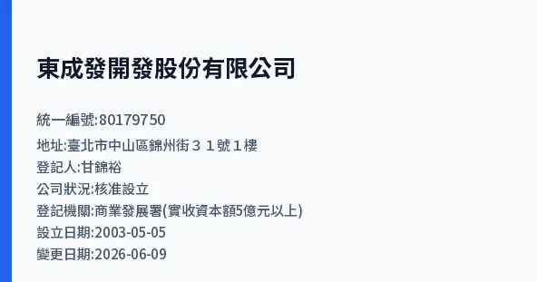 東成發開發股份有限公司的照片-統編 80179750(臺北市) 公司登記資料與營業項目詳細圖表