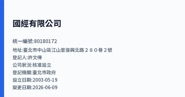 國經有限公司的照片-統編 80180172(臺北市) 公司登記資料與營業項目詳細圖表