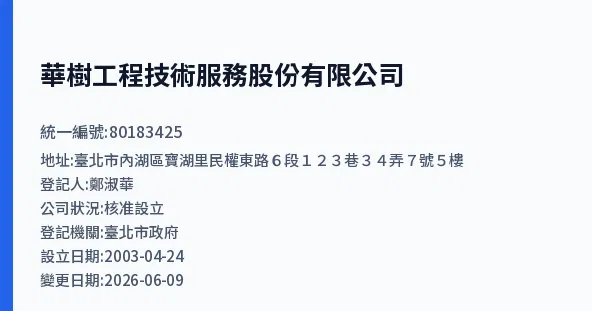 華樹工程技術服務股份有限公司的照片-統編 80183425(臺北市) 公司登記資料與營業項目詳細圖表