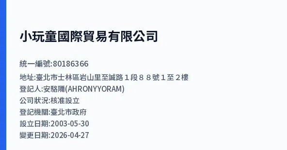小玩童國際貿易有限公司的照片-統編 80186366(臺北市) 公司登記資料與營業項目詳細圖表