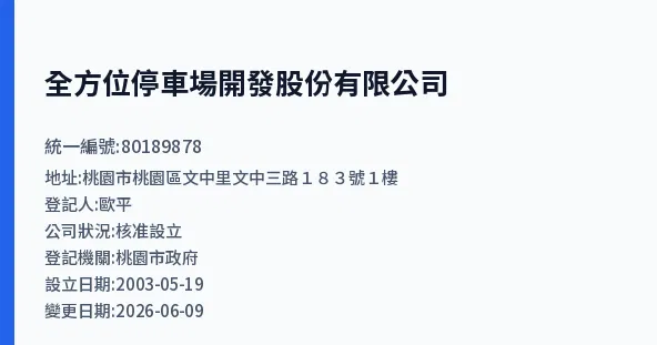 全方位停車場開發股份有限公司的照片-統編 80189878(桃園市) 公司登記資料與營業項目詳細圖表