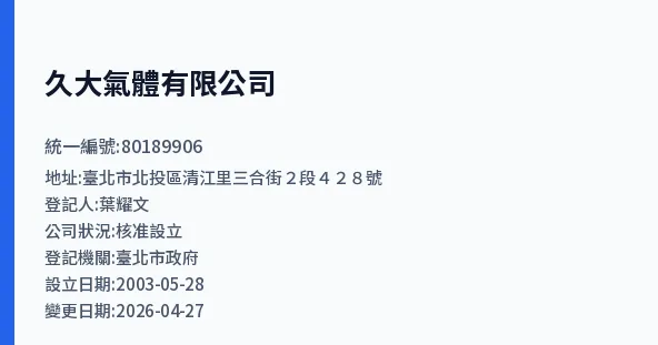 久大氣體有限公司的照片-統編 80189906(臺北市) 公司登記資料與營業項目詳細圖表
