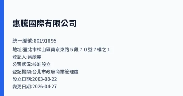 惠騰國際有限公司的照片-統編 80191895(臺北市) 公司登記資料與營業項目詳細圖表