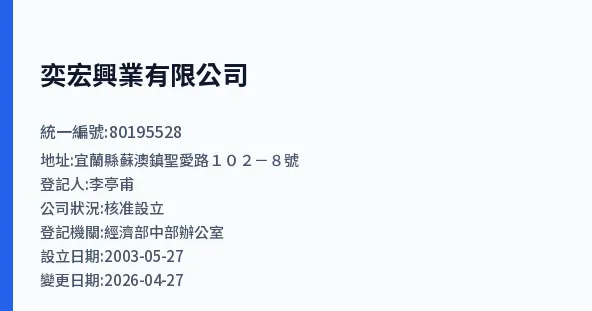 奕宏興業有限公司的照片-統編 80195528(宜蘭縣) 公司登記資料與營業項目詳細圖表