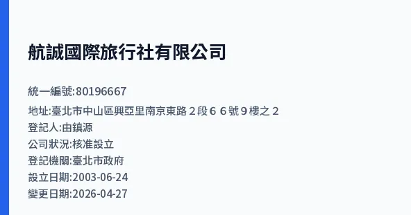 航誠國際旅行社有限公司的照片-統編 80196667(臺北市) 公司登記資料與營業項目詳細圖表