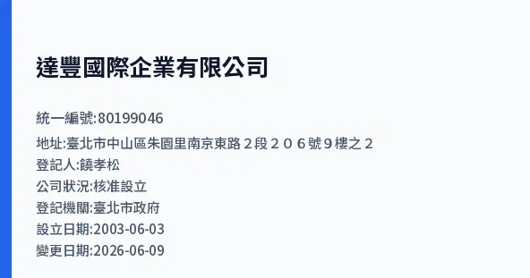 達豐國際企業有限公司的照片-統編 80199046(臺北市) 公司登記資料與營業項目詳細圖表
