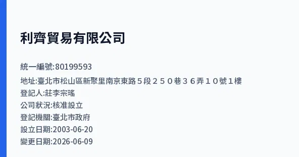利齊貿易有限公司的照片-統編 80199593(臺北市) 公司登記資料與營業項目詳細圖表