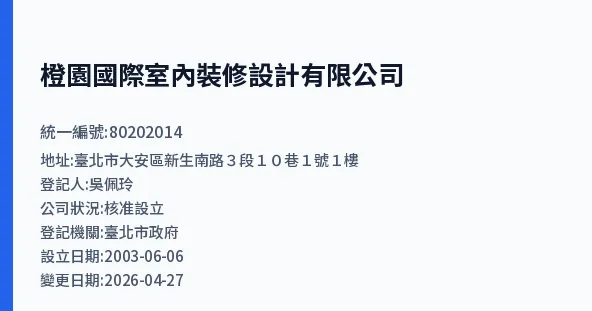 橙園國際室內裝修設計有限公司的照片-統編 80202014(臺北市) 公司登記資料與營業項目詳細圖表