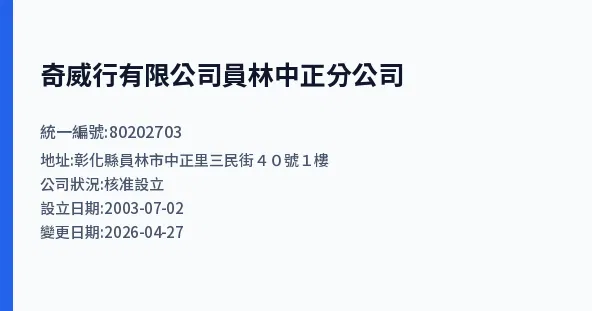 奇威行有限公司員林中正分公司的照片-統編 80202703(彰化縣) 公司登記資料與營業項目詳細圖表