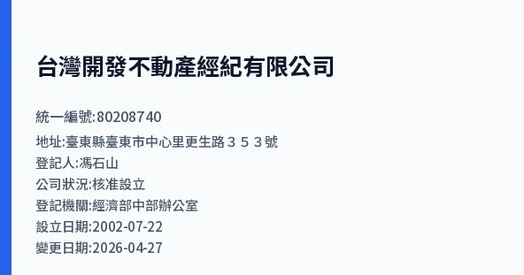 台灣開發不動產經紀有限公司的照片-統編 80208740(臺東縣) 公司登記資料與營業項目詳細圖表