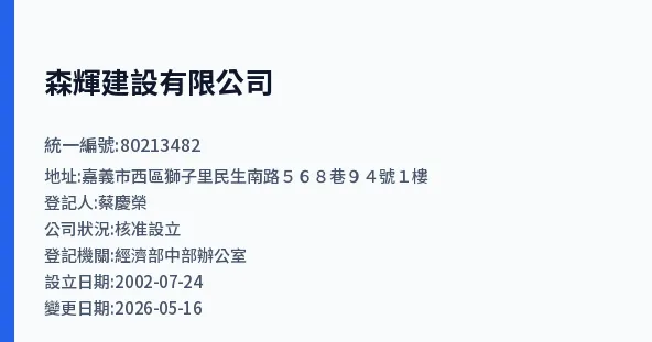森輝建設有限公司的照片-統編 80213482(嘉義市) 公司登記資料與營業項目詳細圖表