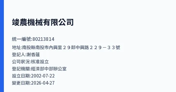 竣農機械有限公司的照片-統編 80213814(南投縣) 公司登記資料與營業項目詳細圖表