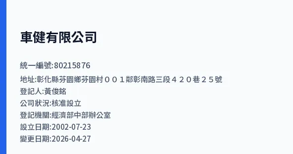 車健有限公司的照片-統編 80215876(彰化縣) 公司登記資料與營業項目詳細圖表
