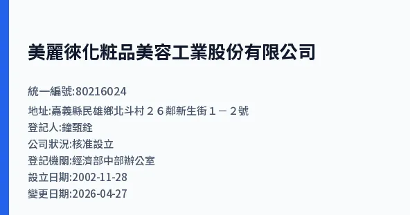 美麗徠化粧品美容工業股份有限公司的照片-統編 80216024(嘉義縣) 公司登記資料與營業項目詳細圖表