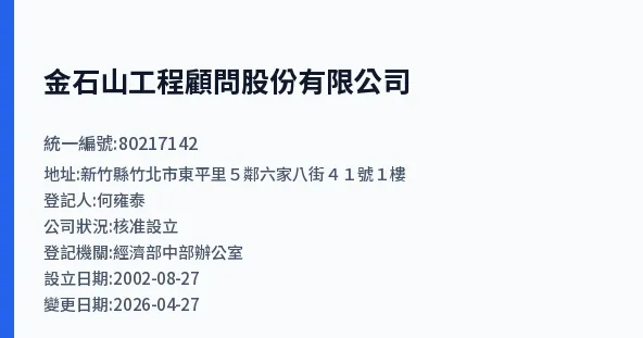 金石山工程顧問股份有限公司的照片-統編 80217142(新竹縣) 公司登記資料與營業項目詳細圖表