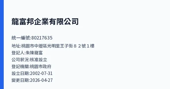 龍富邦企業有限公司的照片-統編 80217635(桃園市) 公司登記資料與營業項目詳細圖表