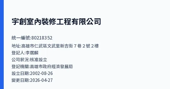 宇創室內裝修工程有限公司的照片-統編 80218352(高雄市) 公司登記資料與營業項目詳細圖表