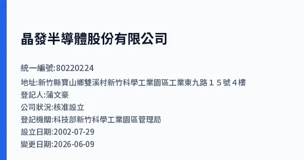 晶發半導體股份有限公司的照片-統編 80220224(新竹縣) 公司登記資料與營業項目詳細圖表