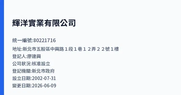輝洋實業有限公司的照片-統編 80221716(新北市) 公司登記資料與營業項目詳細圖表