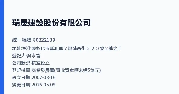 瑞晟建設股份有限公司的照片-統編 80222139(彰化縣) 公司登記資料與營業項目詳細圖表