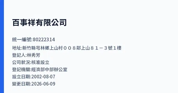 百事祥有限公司的照片-統編 80222314(新竹縣) 公司登記資料與營業項目詳細圖表