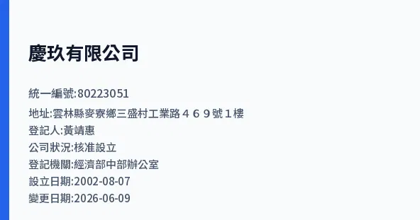 慶玖有限公司的照片-統編 80223051(雲林縣) 公司登記資料與營業項目詳細圖表