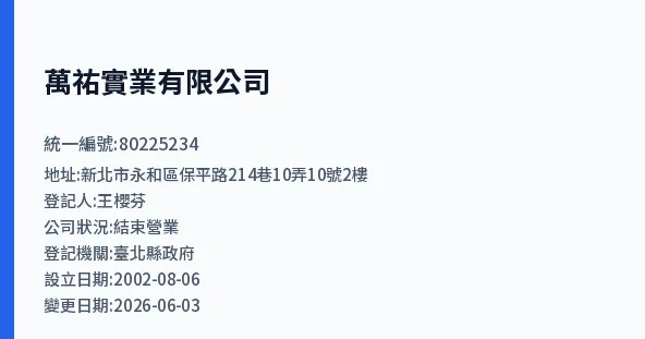 萬祐實業有限公司的照片-統編 80225234(新北市) 公司登記資料與營業項目詳細圖表