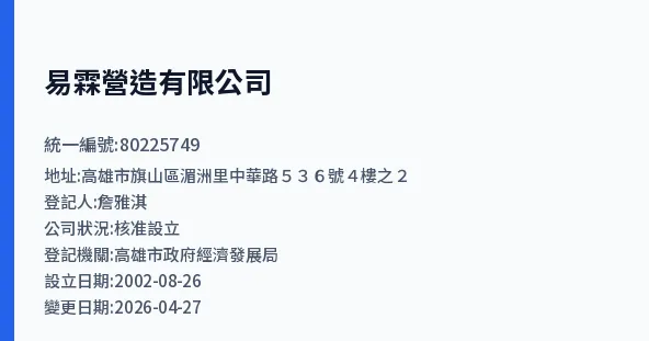 易霖營造有限公司的照片-統編 80225749(高雄市) 公司登記資料與營業項目詳細圖表
