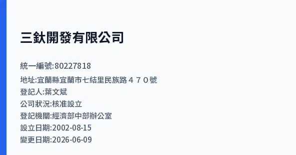三釱開發有限公司的照片-統編 80227818(宜蘭縣) 公司登記資料與營業項目詳細圖表
