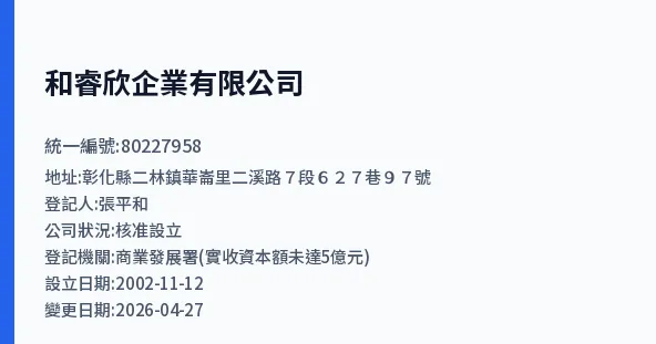 和睿欣企業有限公司的照片-統編 80227958(彰化縣) 公司登記資料與營業項目詳細圖表