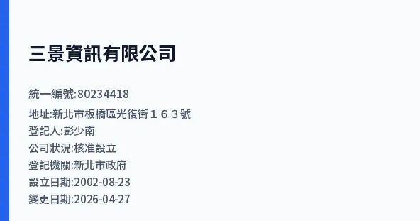 三景資訊有限公司的照片-統編 80234418(新北市) 公司登記資料與營業項目詳細圖表