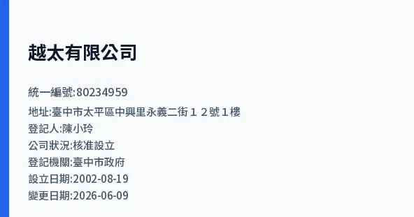 越太有限公司的照片-統編 80234959(臺中市) 公司登記資料與營業項目詳細圖表