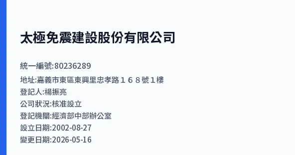 太極免震建設股份有限公司的照片-統編 80236289(嘉義市) 公司登記資料與營業項目詳細圖表