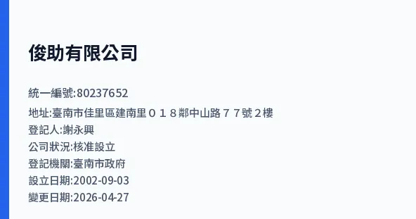 俊助有限公司的照片-統編 80237652(臺南市) 公司登記資料與營業項目詳細圖表