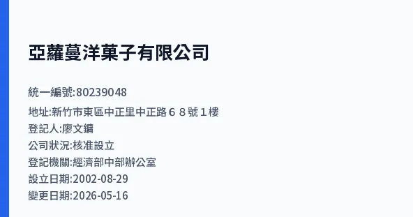 亞蘿蔓洋菓子有限公司的照片-統編 80239048(新竹市) 公司登記資料與營業項目詳細圖表