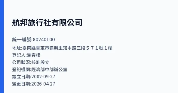 航邦旅行社有限公司的照片-統編 80240100(臺東縣) 公司登記資料與營業項目詳細圖表