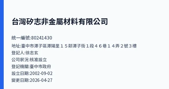台灣矽志非金屬材料有限公司的照片-統編 80241430(臺中市) 公司登記資料與營業項目詳細圖表