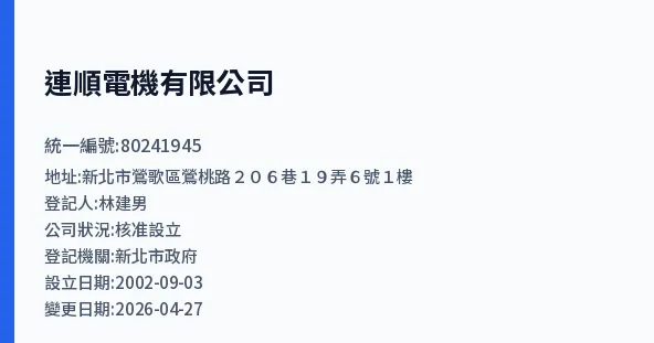 連順電機有限公司的照片-統編 80241945(新北市) 公司登記資料與營業項目詳細圖表