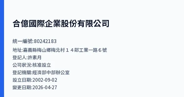 合億國際企業股份有限公司的照片-統編 80242183(嘉義縣) 公司登記資料與營業項目詳細圖表