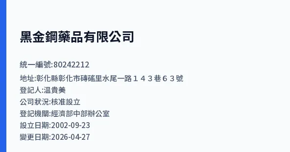 黑金鋼藥品有限公司的照片-統編 80242212(彰化縣) 公司登記資料與營業項目詳細圖表